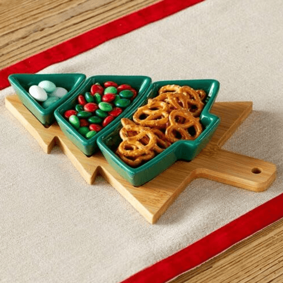 Christmas Holiday Bamboo Board Divided Tree Serving Plate Dish - Dutch Goat