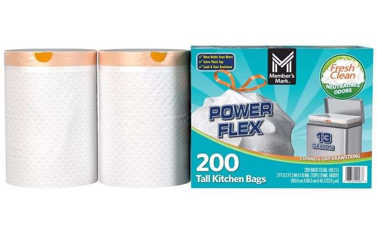 Member's Mark Power Flex Tall Kitchen Drawstring Trash Bags – 13 Gal ...