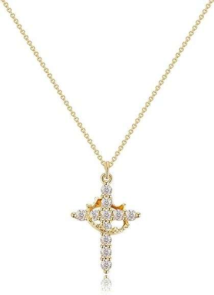 Tewiky Crown Cross Necklace Dainty Sterling Silver/14k Gold Cubic Zirconia - Dutch Goat