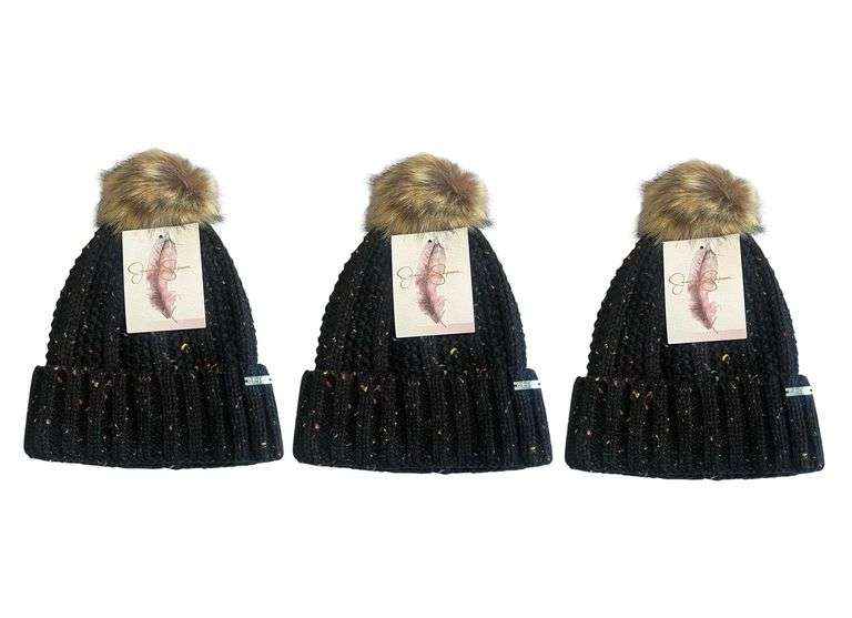 Lot of 3 Jessica Simpson Speckled Faux Fur Pom Pom Knit Beanie Hat ...